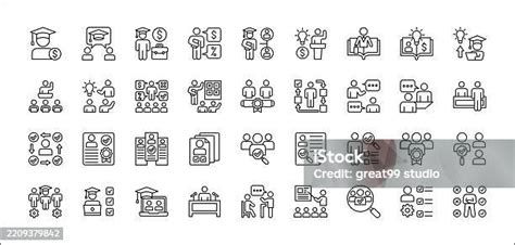 비즈니스 직원 코칭 아이콘입니다 비즈니스 교육 아이콘 세트입니다 관리 교육 멘토링 전문가 자격 자격을 갖춘 작업자 학습 선발의 상징이 포함되어 있습니다 벡터 일러스트 레이