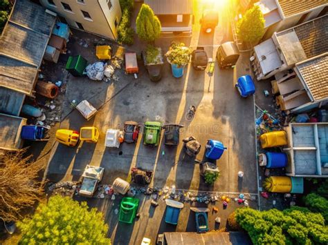 Urban Waste Crisis Aerial Perspective Reveals Overflowing Garbage Bins And The Environmental