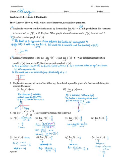 Ws 011 Limits Continuity Key Pdf Analysis Mathematical Relations
