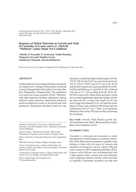 Pdf Response Of Mulch Materials On Growth And Yield Of Cucumber Cucumis Sativus L Hybrid
