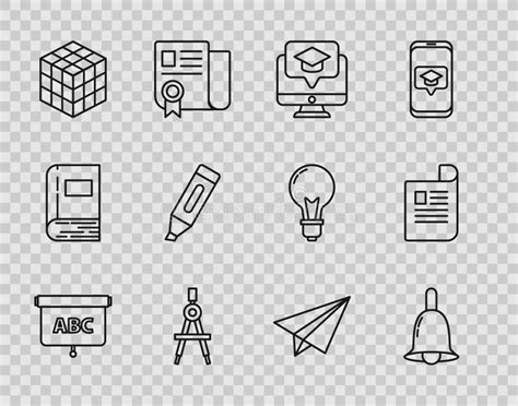 Set Line Chalkboard Ringing Bell Monitor With Graduation Cap Drawing Compass Rubik Cube