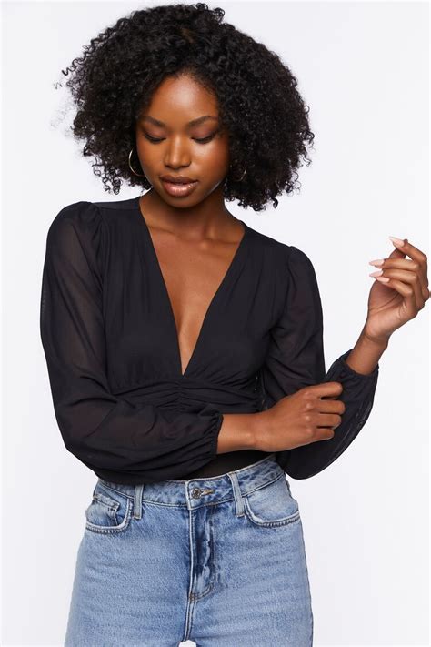 Forever 21 Plunging Peasant Sleeve Bodysuit Black Forever21usa