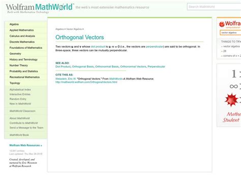 Wolfram Math World Orthogonal Vectors Handout For 9th 10th Grade Lesson Planet