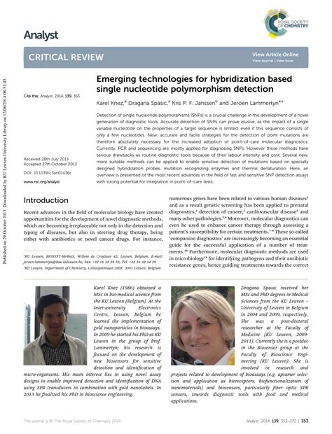 Pdf Emerging Technologies For Hybridization Based Single Nucleotide Polymorphism Detection