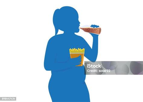 병에서 감자 튀김과 음료 소 다 팝을 들고 뚱뚱한 여자의 실루엣 감자 요리에 대한 스톡 벡터 아트 및 기타 이미지 감자 요리 건강에 좋지 않은 음식 과체중 Istock