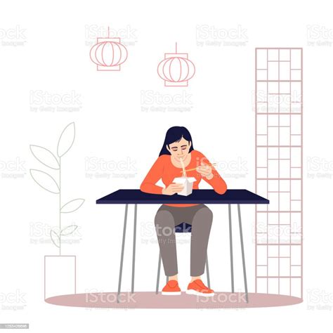 젓가락 세미 플랫 Rgb 컬러 벡터 일러스트와 함께 국수를 먹는 젊은 아가씨 집에서 점심 식사 중식 레스토랑 흰색 배경에 아시아 요리 고립 만화 캐릭터를 즐기는 여자 20