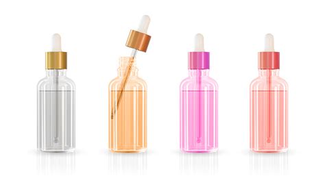 사실적인 화장품 용기 의 세트 다른 컬러 유리 콜라겐 솔루션 광고 배경 사용 준비 고급 스킨 케어 크림 뷰티 제품 광고 디자인 투명 파이펫 스포이드에 대한 스톡 벡터 아트