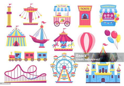놀이 공원 명소 박람회장 놀이기구 카니발 요소 만화 서커스 텐트 회전 목마 롤러 코스터 유원지 게임 벡터 세트 Carnival에 대한 스톡 벡터 아트 및 기타 이미지