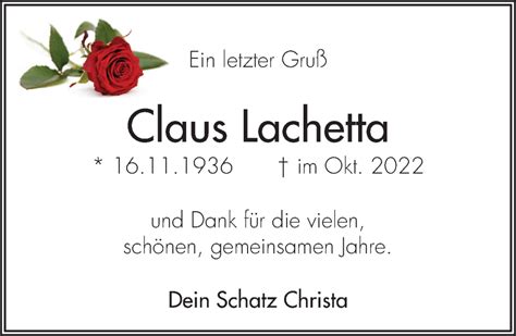 Traueranzeigen Von Claus Lachetta Trauer Anzeigen De