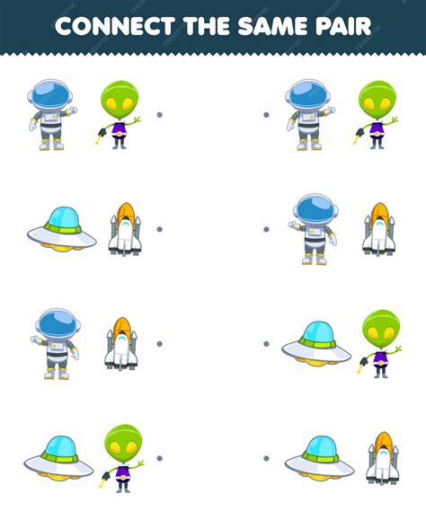 어린이를 위한 교육 게임은 귀여운 만화 우주 비행사 우주선 외계인과 Ufo 쌍 인쇄 가능한 태양계 워크시트의 동일한 그림을