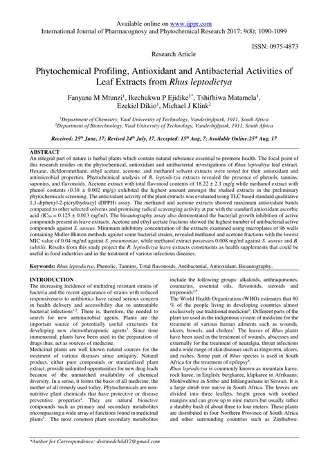 Pdf Phytochemical Profiling Antioxidant And Antibacterial Activities