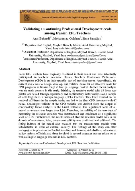 Pdf Validating A Continuing Professional Development Scale Among Iranian Efl Teachers Ana