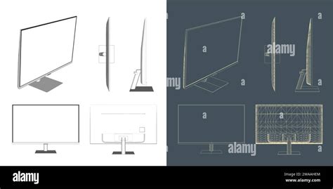 Computer Monitor Led Wire Frame Blueprint Concept For Gaming And Working Vector Illustration