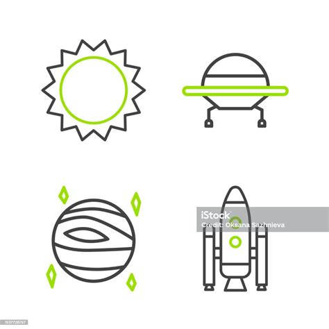 세트 라인 우주 왕복선과 로켓 행성 금성 Ufo 비행 우주선 및 태양 아이콘 벡터 Launch Party에 대한 스톡 벡터 아트 및 기타 이미지 Launch Party