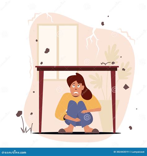 Earthquake Illustration Woman Hiding Under The Table Stock Vector