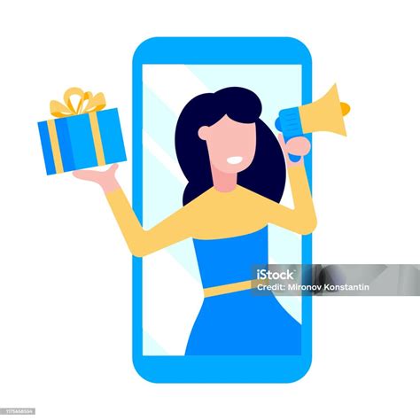 흰색 배경에 격리된 친구 플랫 스타일 디자인 벡터 그림을 참조하십시오 메가폰과 선물 상자를 들고 스마트폰에 서서 소리쳤다 소셜 미디어 광고 개념 기호입니다 선물에 대한 스톡