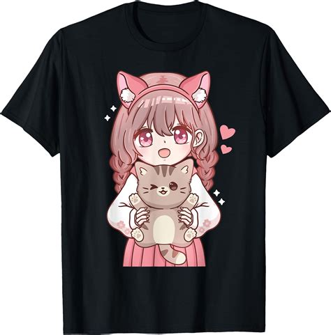 Anime Girl With Cat Kawaii Kitten Lover Otaku T Shirtroyal Blue Color