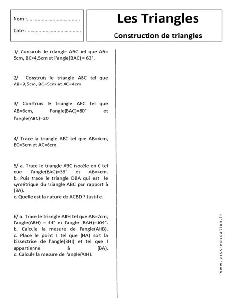 Construction De Triangles 5ème Exercices Corrigés Géométrie Pdf