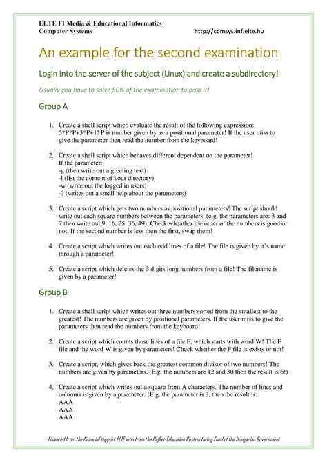 Shell Scripts Exam Exam Financed From The Financial Support Elte