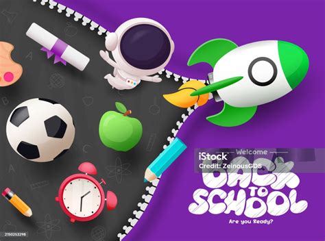 학교 텍스트 벡터 디자인으로 돌아 가기 오픈 지퍼 로켓 우주선의 교육 요소 항목 및 재료로 학교 인사말에 오신 것을 환영합니다