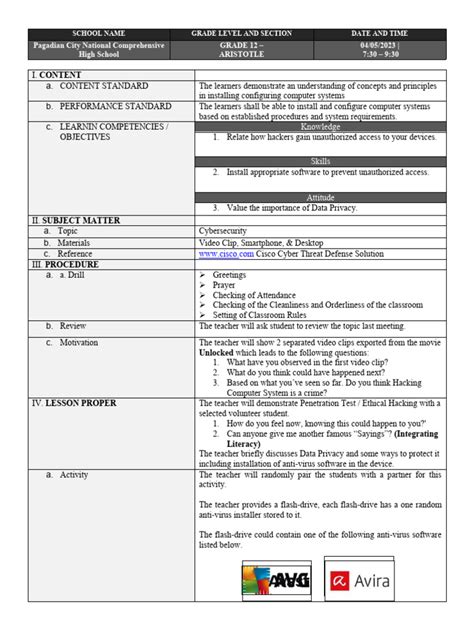 Lesson Plan Template Pdf Antivirus Software Security Hacker