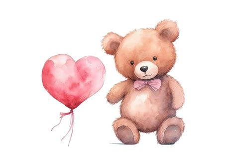 흰색 격리된 배경에 수채색으로 칠해진 분홍색 하트를 들고 있는 귀여운 테디 베어 세트 Generative Ai 프리미엄 사진