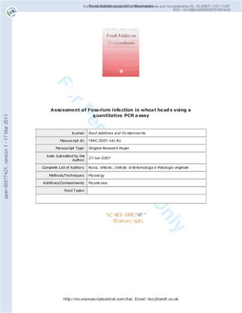 Pdf Assessment Of Fusarium Infection In Wheat Heads Using A Quantitative Polymerase Chain