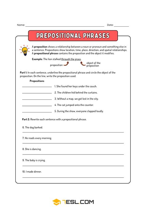 Prepositional Phrases Exercises And Worksheets • 7esl