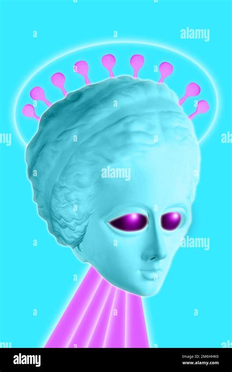 Colorful Funky Poster With Unusual Weird Alien With Huge Glowing Eyes