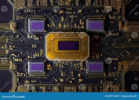 Image Of An Ai Processor Chip And Cpu Circuit Board Luminescent Circuits Surround The