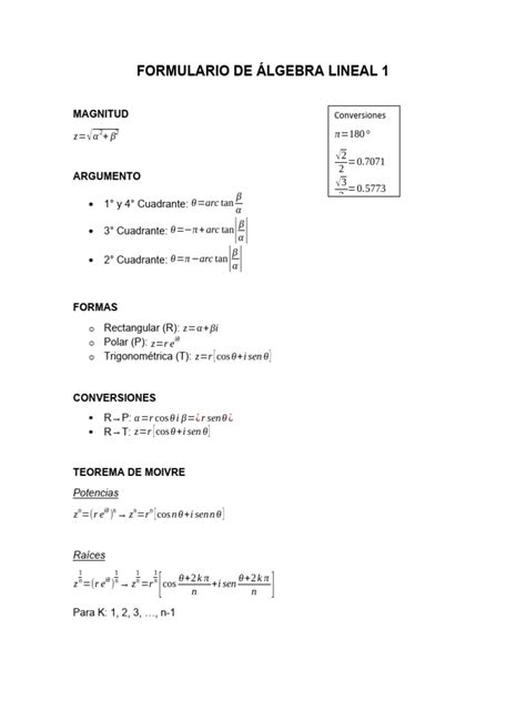 Formulario De Álgebra Lineal 1 Descargar Gratis Pdf Aritmética Objetos Matemáticos