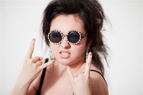 Smiling Dark Haired Girl Model In Stylish Round Stock Photo Image Of Gesture Finger