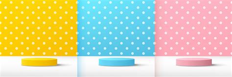 추상적인 옐로우 블루 핑크 실린더 받침대 파스텔 화이트 폴카 도트 패턴 배경 세트 벡터 렌더링 3d 모양 화장품 디스플레이 프리젠 테이션 최소한의 벽 장면 3차원 형태에