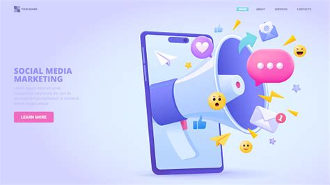 소셜 미디어 마케팅 디지털 마케팅 아이콘과 이모티콘이 있는 스마트폰의 확성기 랜딩 페이지에 대한 3d 디자인 개념입니다 웹 사이트 인쇄 배너에 대 한 3 차원 벡터 일러스트