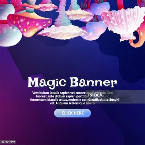 다채로운 판타지 매직 버섯 국경 풍경 광장 배경의 상단에 설정 만화 곰팡이와 비현실적인 비현실적인 외계인 식물과 빛나는 모자 게임 디자인 파티 초대 0명에 대한 스톡 벡터