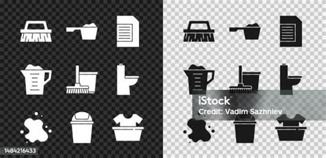 청소용 브러시 세제 세탁 세제 엎질러진 물 쓰레기통 셔츠가 있는 대야 걸레 및 양동이 아이콘을 설정합니다 벡터 T 셔츠에 대한 스톡 벡터 아트 및 기타 이미지 Istock