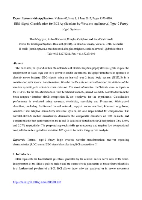 Pdf Eeg Signal Classification For Bci Applications By Wavelets And Interval Type 2 Fuzzy Logic