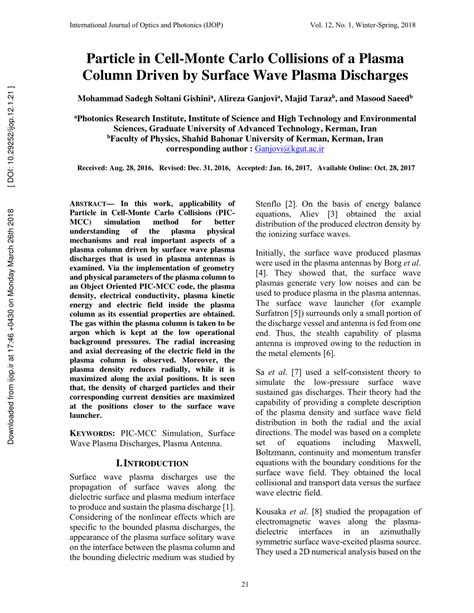 Pdf Pic Mcc Simulation Of A Plasma Column Driven By Surface Wave Plasma Discharges