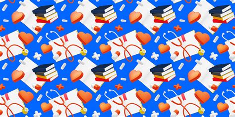 파란색 배경에 심장 청진기 책 알약이 있는 3d 의료 원활한 패턴 의학 그림의 3d 디자인 건강관리와 의술에 대한 스톡 사진 및 기타 이미지 Istock