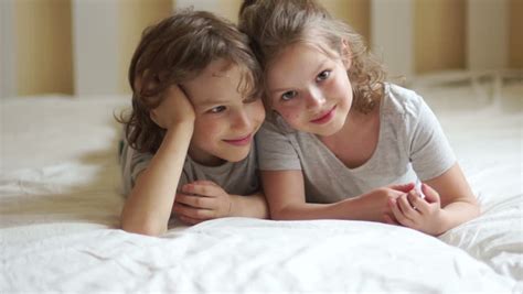 Brother Sister Relaxing Together Bed Cute Stock Footage Video 100
