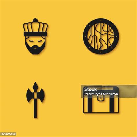 왕관 골동품 보물 상자 중세 도끼 긴 그림자가 있는 둥근 나무 방패 아이콘으로 왕을 설정하십시오 벡터 강철에 대한 스톡 벡터