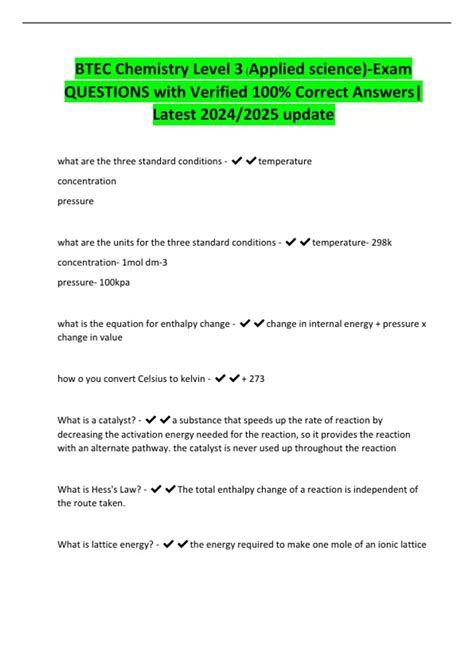 Btec Chemistry Level 3 Applied Science Exam Questions With Verified 100 Correct Answers