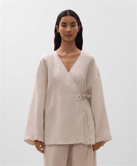 100 Linen Side Tie Kimono Shirt Oysho United States Sale Moda