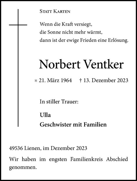 Traueranzeigen Von Norbert Ventker Trauer Ms