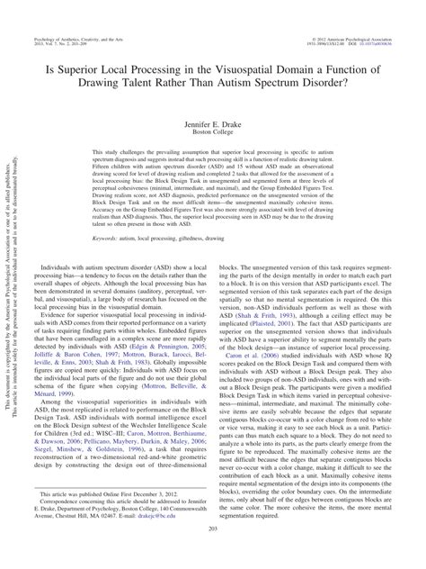 Pdf Is Superior Local Processing In The Visuospatial Domain A Function Of Drawing Talent
