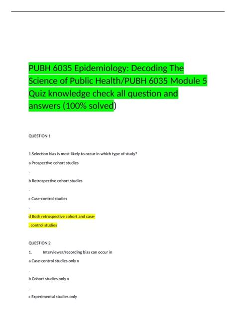 Pubh 6035 Epidemiology Decoding The Science Of Public Healthpubh 6035 Module 5 Quiz Knowledge