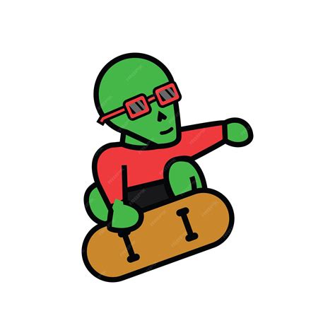 흰색 배경에 외계인 마스코트 캐릭터 스케이트 보드 벡터 일러스트 레이 션 프리미엄 벡터