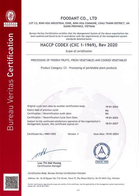 Haccp Certificate Foodant Co Ltd