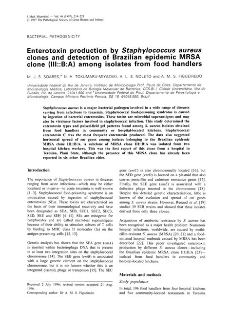 Pdf Enterotoxin Production By Staphylococcus Aureus Clones And Detection Of Brazilian Epidemic