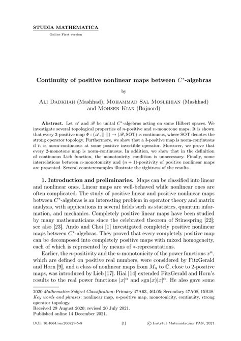 Pdf Continuity Of Positive Nonlinear Maps Between C Algebras